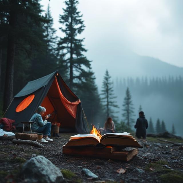 Campfire and Tent in Forest