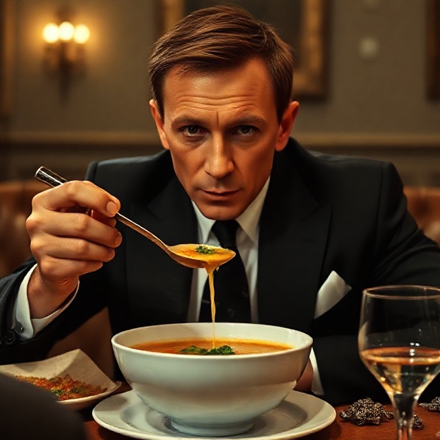Daniel Craig as James Bond eating soup