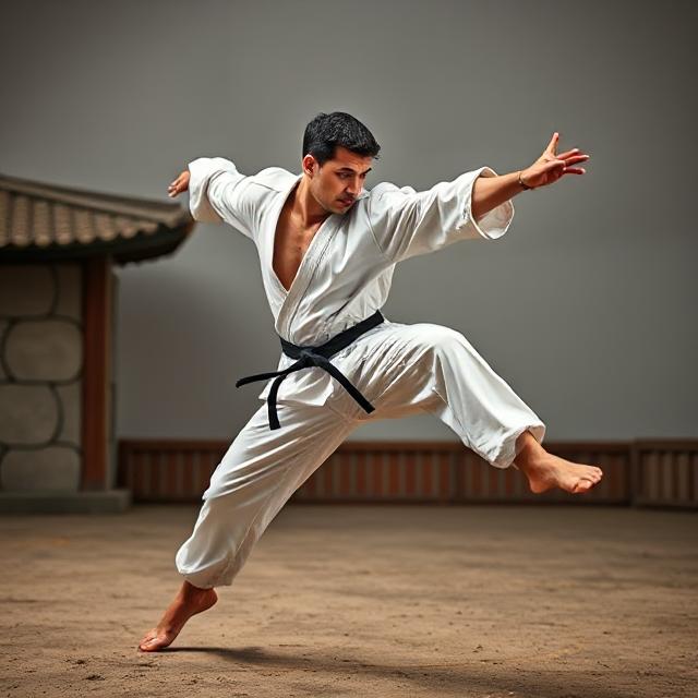 Karateka in mid-air executing a flying kick
