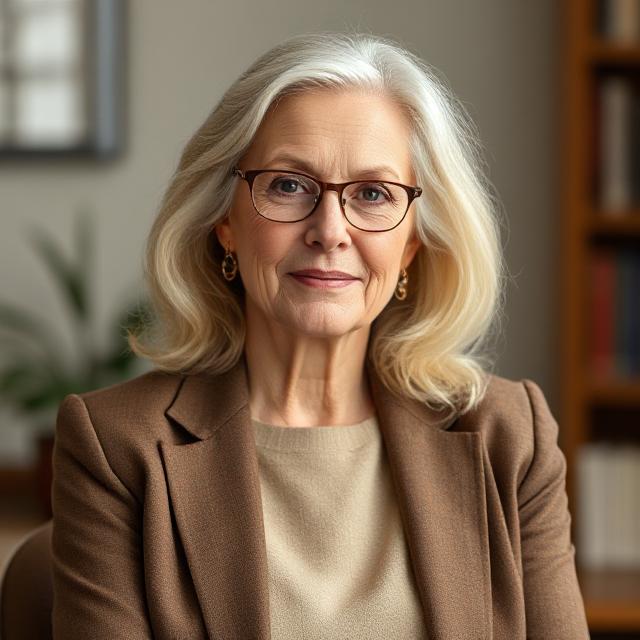 Elderly blonde female professor from Harvard Business School