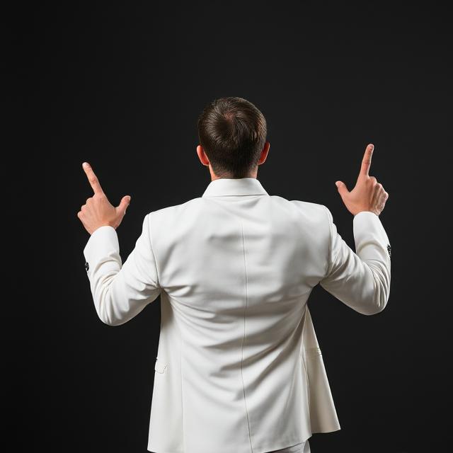 Man in White Suit Pointing Up