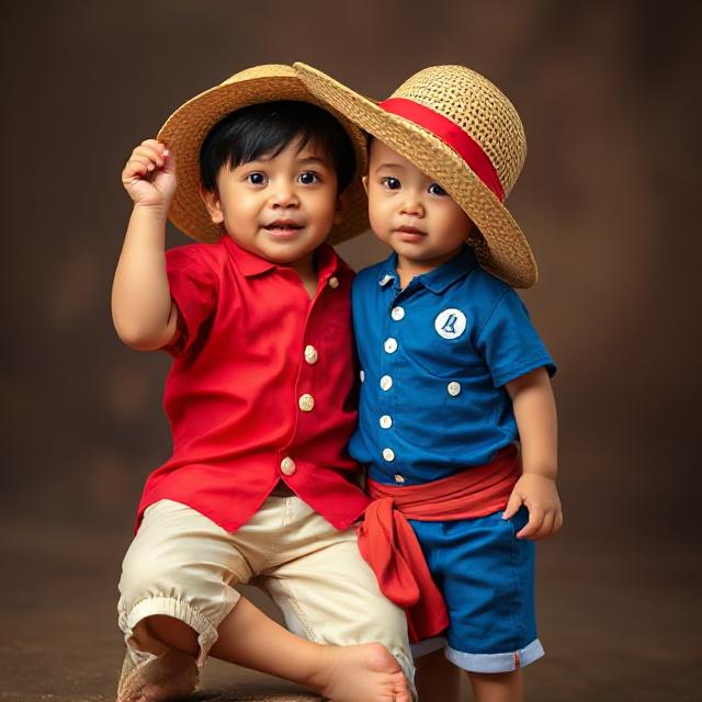 Two children in themed outfits as Luffy from One Piece