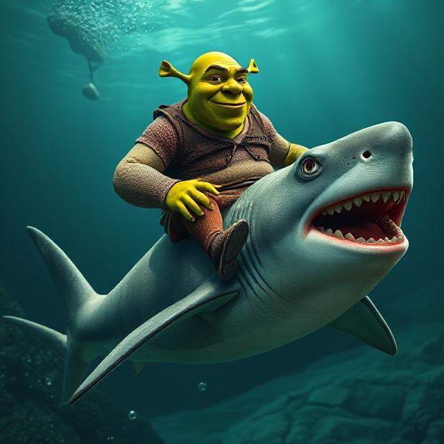 Shrek the Ogre riding a shark
