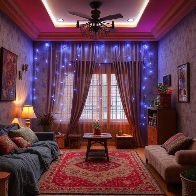 Cozy Living Room with Window Lights and Curtains