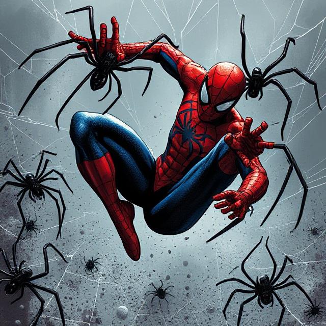 Spider-Man surrounded by attacking spiders