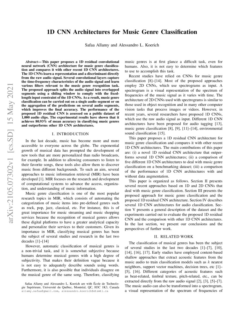 1D CNN Architectures for Music Genre Classification | DeepAI