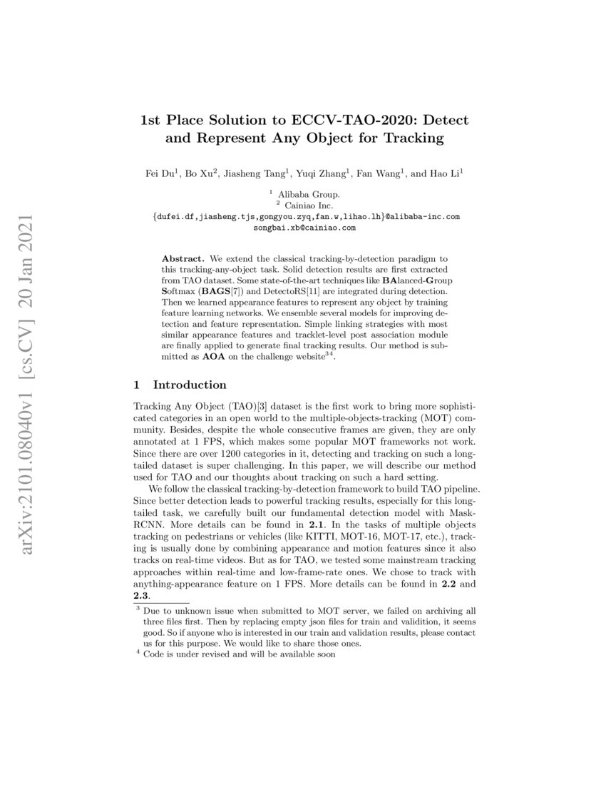 1st Place Solution to ECCV-TAO-2020: Detect and Represent Any Object for Tracking | DeepAI