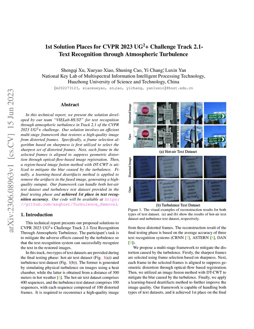 1st Solution Places for CVPR 2023 UG^2+ Challenge Track 2.1-Text Recognition through Atmospheric ...