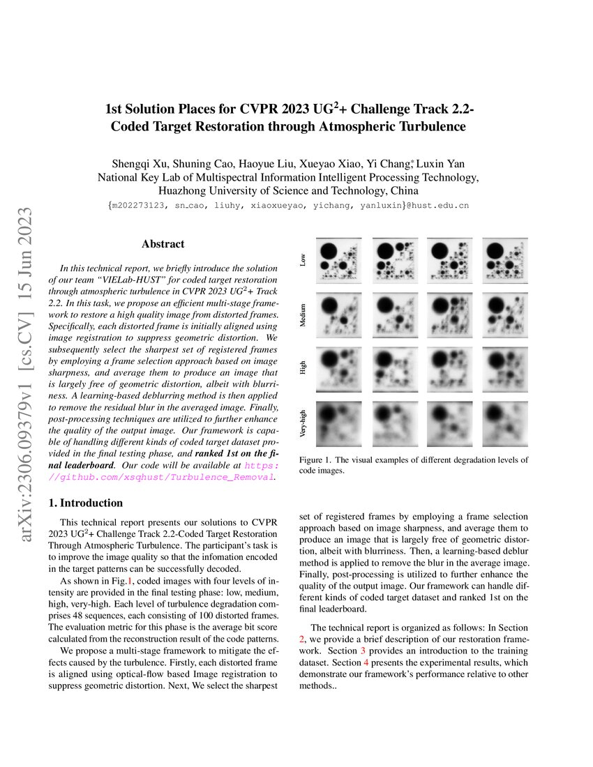 1st Solution Places for CVPR 2023 UG^2+ Challenge Track 2.2-Coded Target Restoration through ...