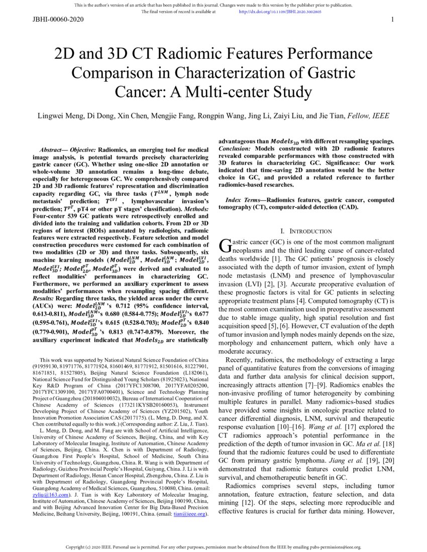 2d And 3d Ct Radiomic Features Performance Comparison In Characterization Of Gastric Cancer A