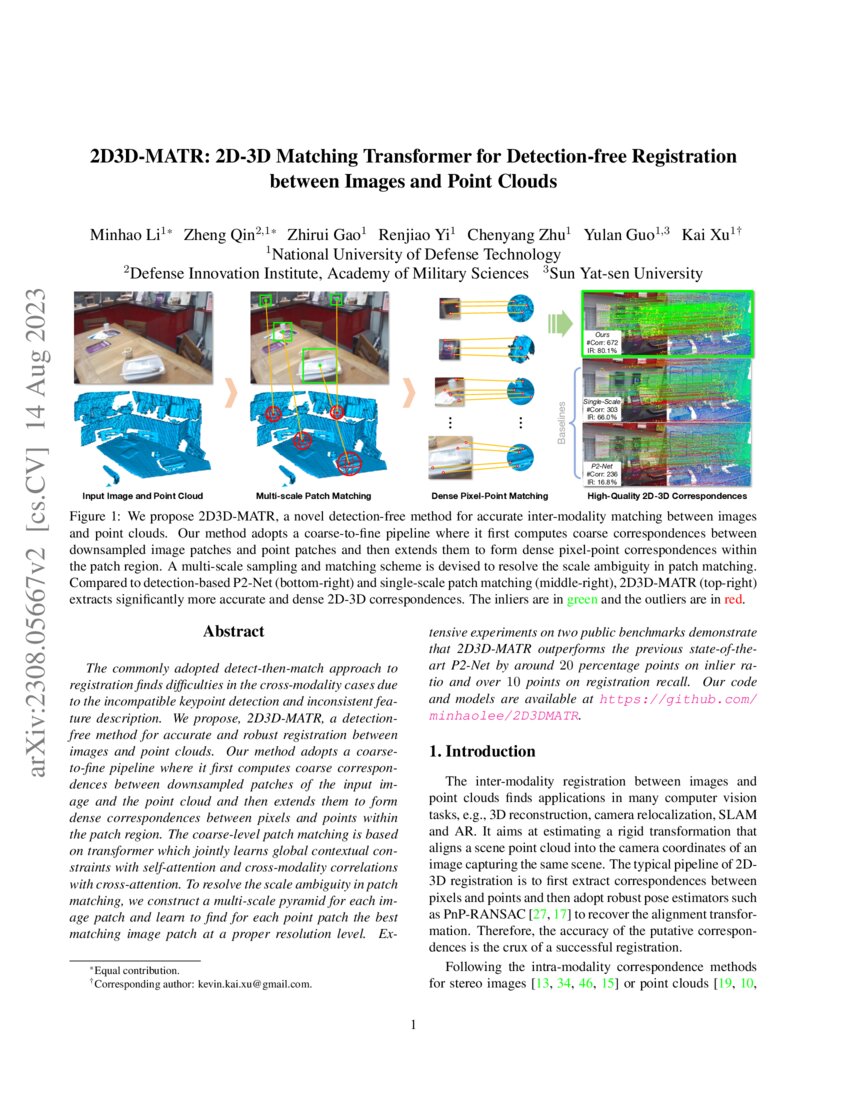 2D3D-MATR: 2D-3D Matching Transformer for Detection-free Registration ...