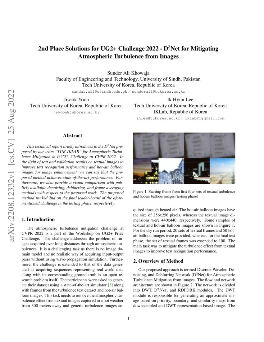 2nd Place Solutions for UG2+ Challenge 2022 – D^3Net for Mitigating Atmospheric Turbulence from ...