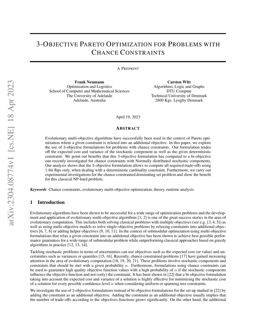 3-Objective Pareto Optimization for Problems with Chance Constraints | DeepAI