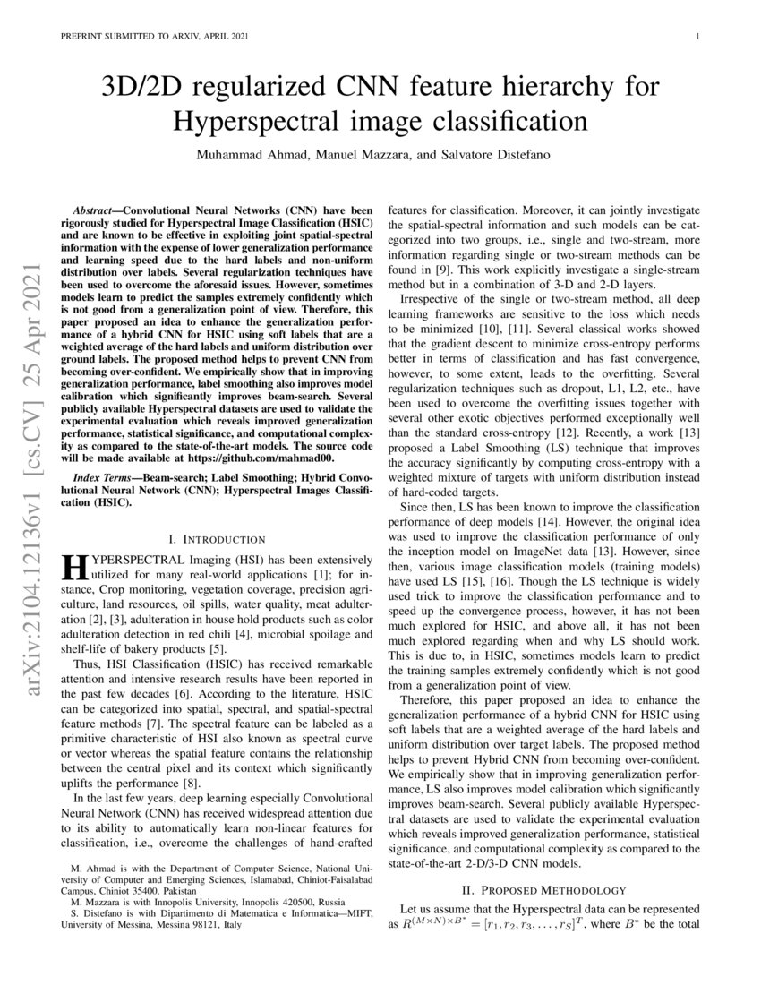 3d2d Regularized Cnn Feature Hierarchy For Hyperspectral Image Classification Deepai