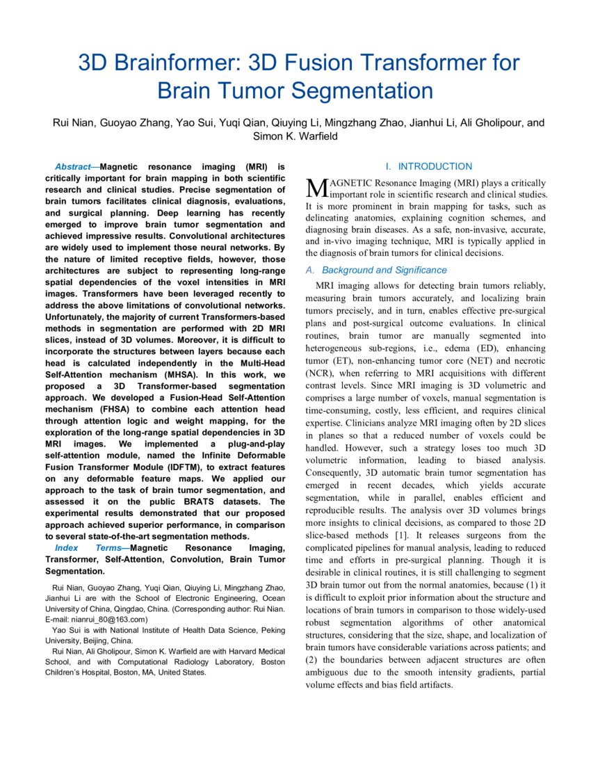 3d Brainformer 3d Fusion Transformer For Brain Tumor Segmentation Deepai