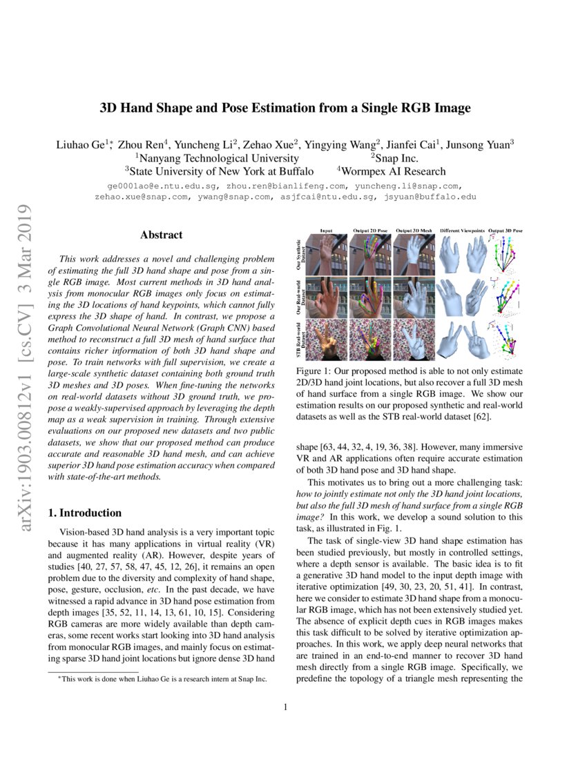 3d Hand Shape And Pose Estimation From A Single Rgb Image Deepai