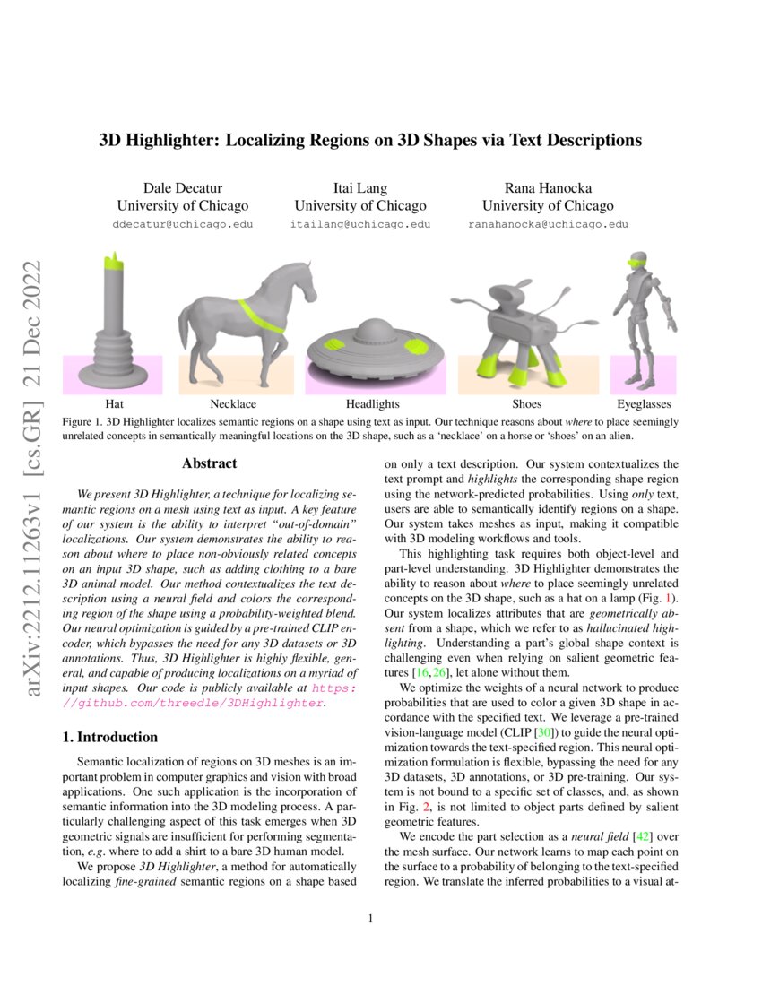 3D Highlighter: Localizing Regions on 3D Shapes via Text Descriptions | DeepAI
