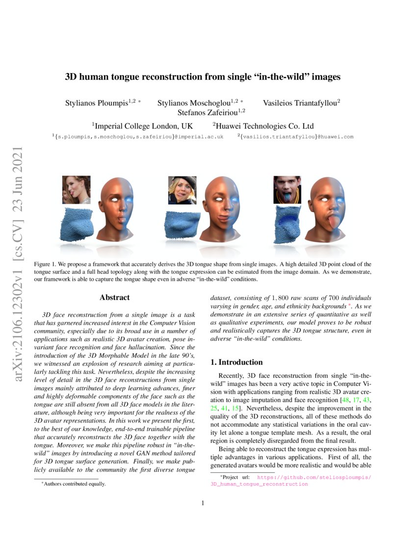 3D human tongue reconstruction from single "in-the-wild" images | DeepAI