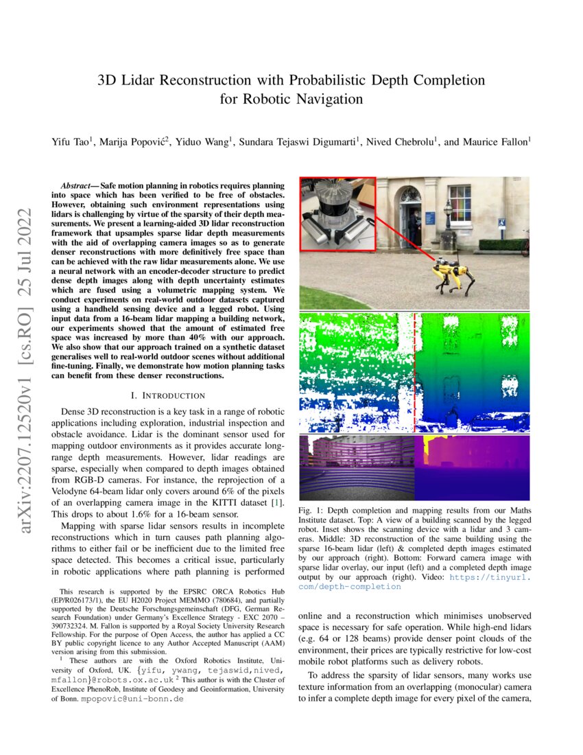 3D Lidar Reconstruction with Probabilistic Depth Completion for Robotic Navigation | DeepAI