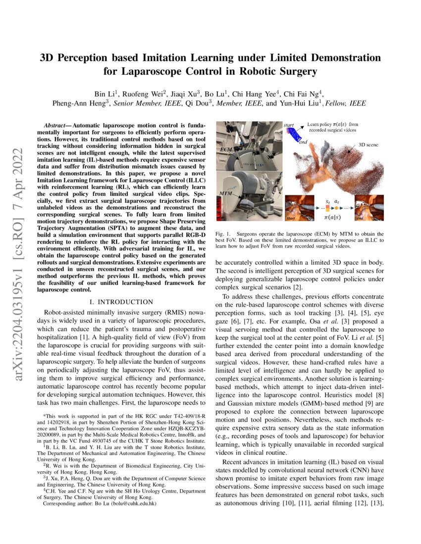 3d Perception Based Imitation Learning Under Limited Demonstration For Laparoscope Control In
