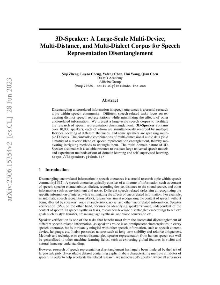 3D-Speaker: A Large-Scale Multi-Device, Multi-Distance, and Multi ...