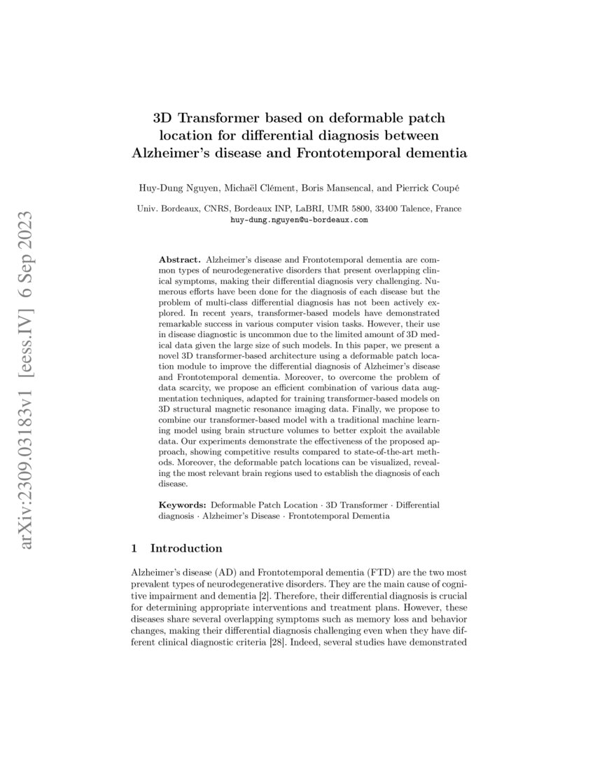 3d Transformer Based On Deformable Patch Location For Differential Diagnosis Between Alzheimers