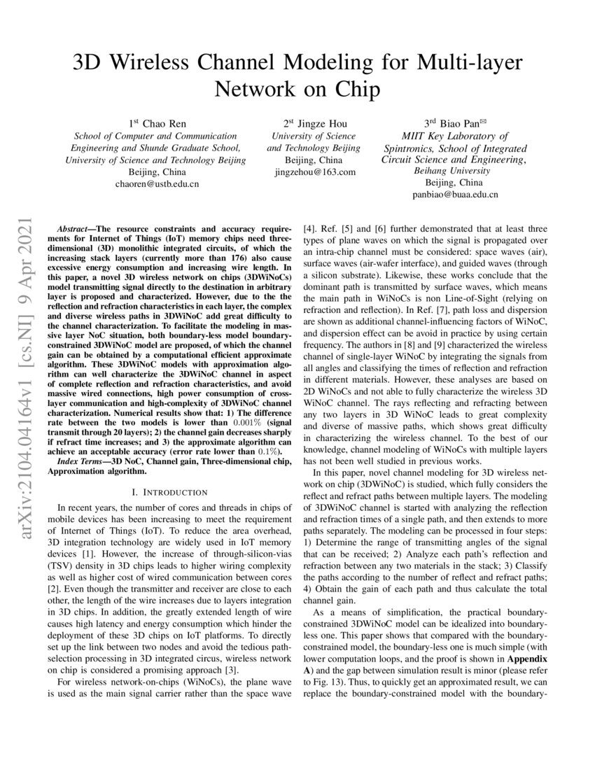 3D Wireless Channel Modeling for Multi-layer Network on Chip | DeepAI