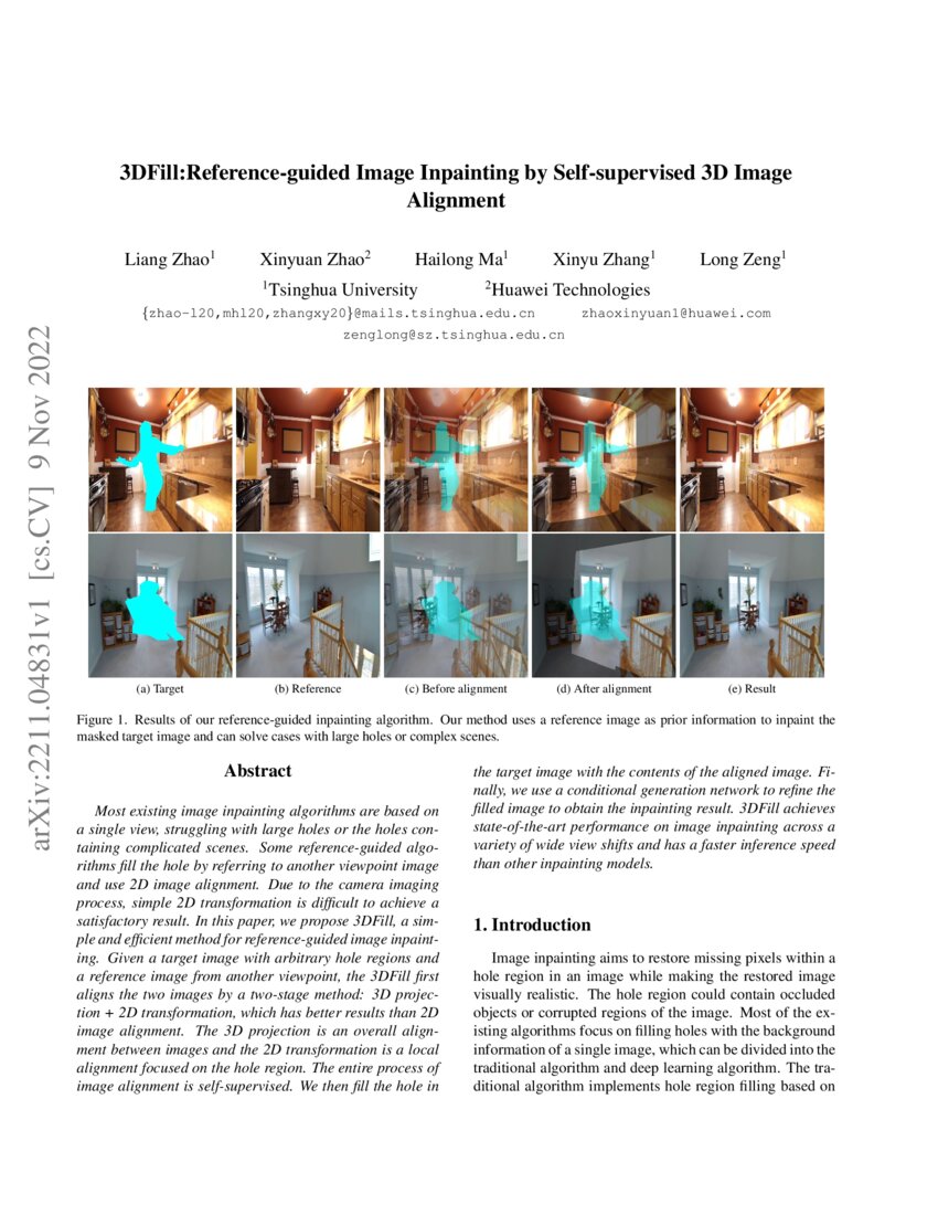 3DFill:Reference-guided Image Inpainting by Self-supervised 3D Image ...