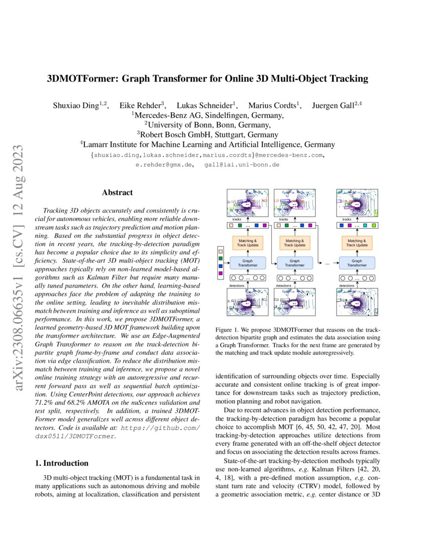 3DMOTFormer: Graph Transformer for Online 3D Multi-Object Tracking | DeepAI