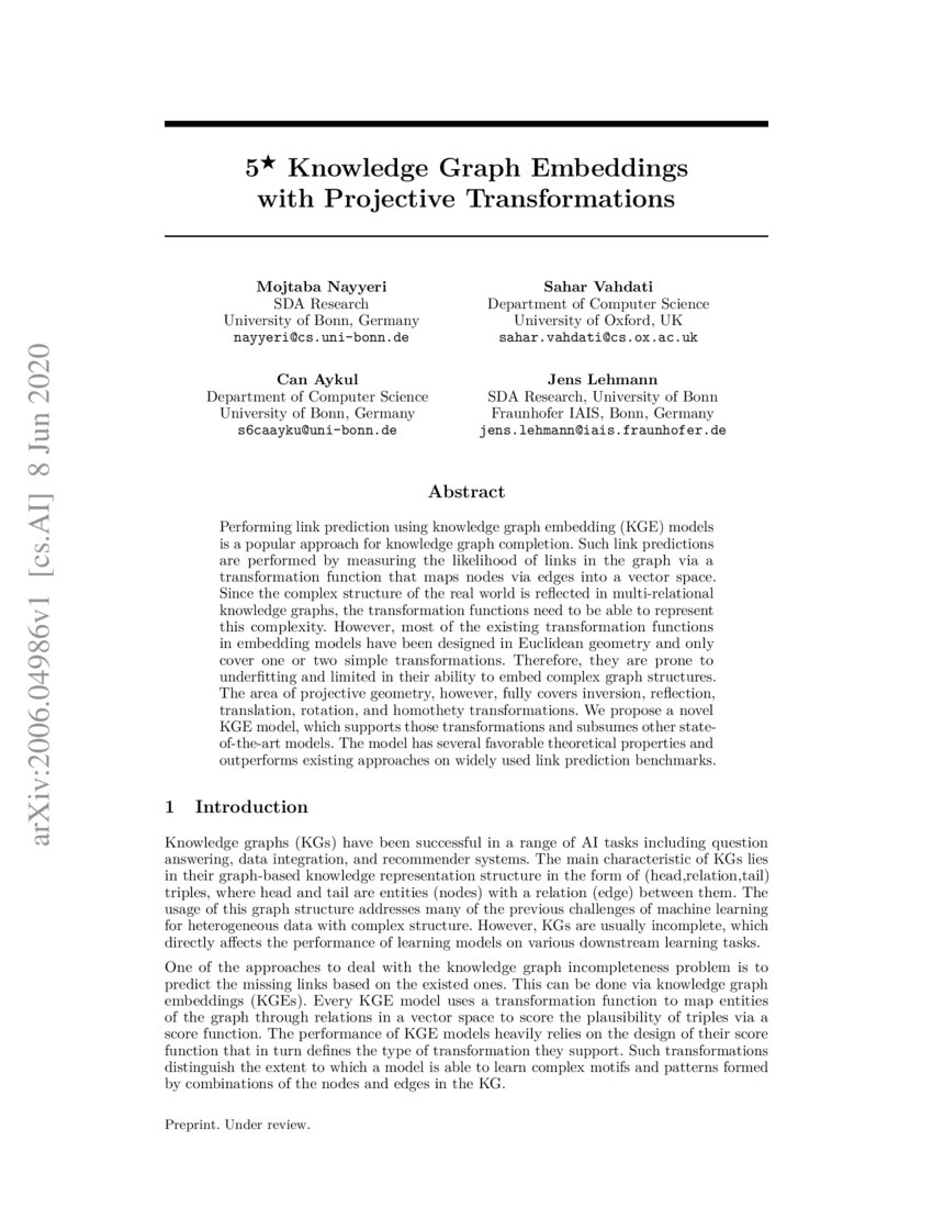 5* Knowledge Graph Embeddings with Projective Transformations | DeepAI