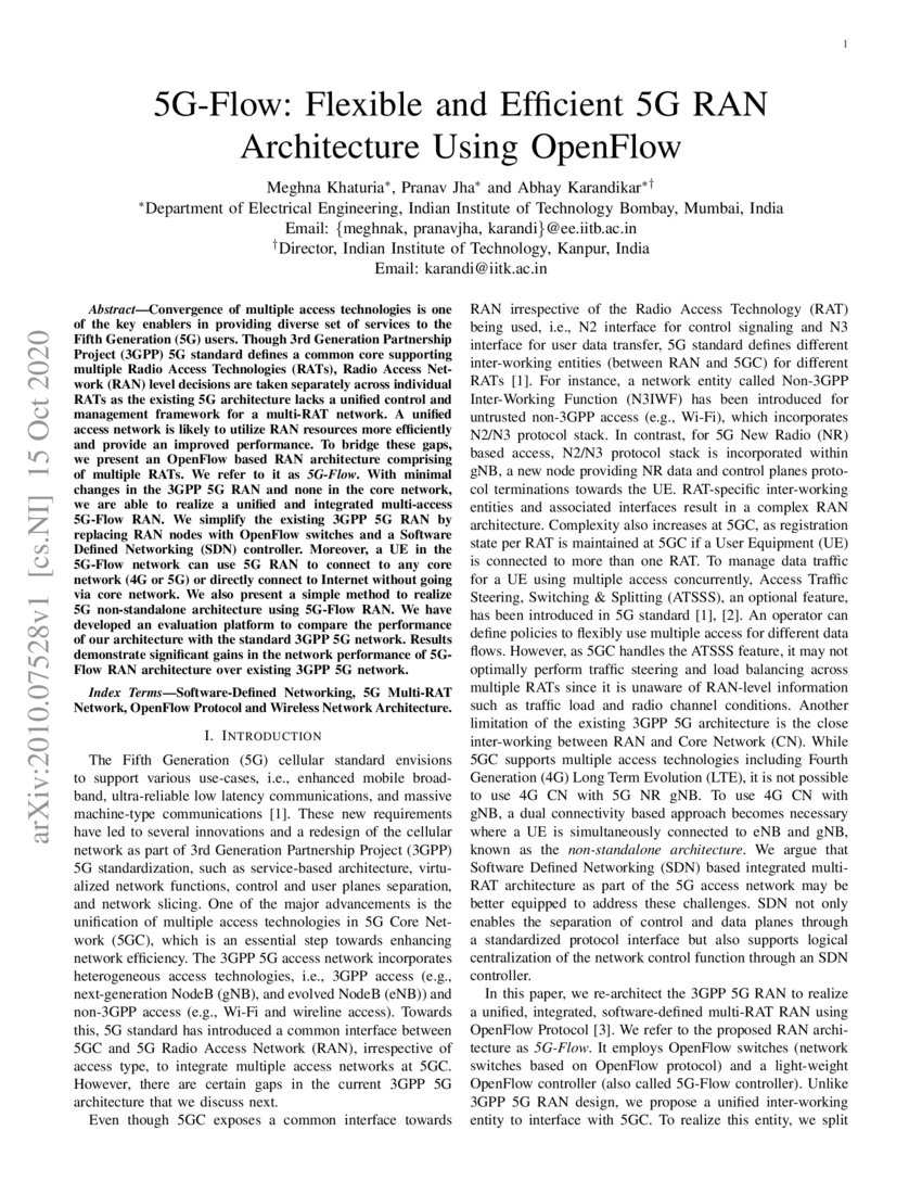 5G-Flow: Flexible and Efficient 5G RAN Architecture Using OpenFlow | DeepAI