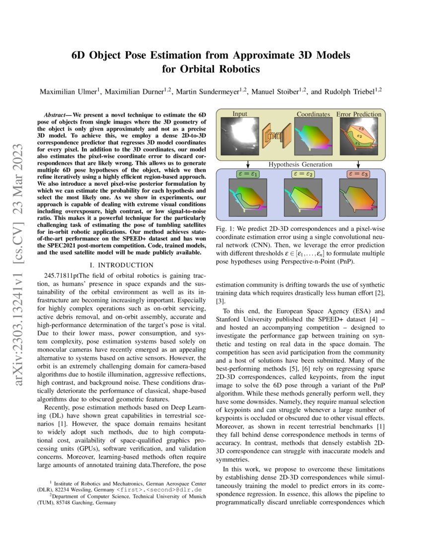 6d Object Pose Estimation From Approximate 3d Models For Orbital
