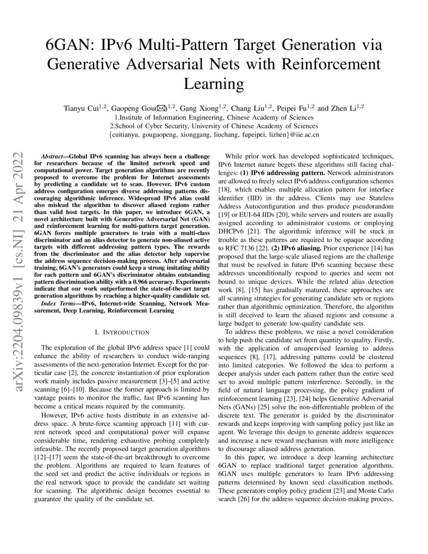 6GAN: IPv6 Multi-Pattern Target Generation via Generative Adversarial Nets with Reinforcement ...