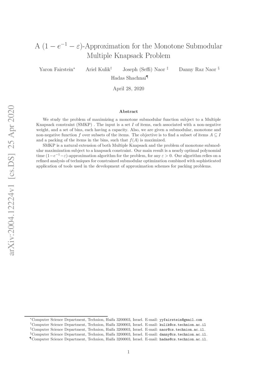 A 1 E 1 ε Approximation For The Monotone Submodular Multiple Knapsack Problem Deepai