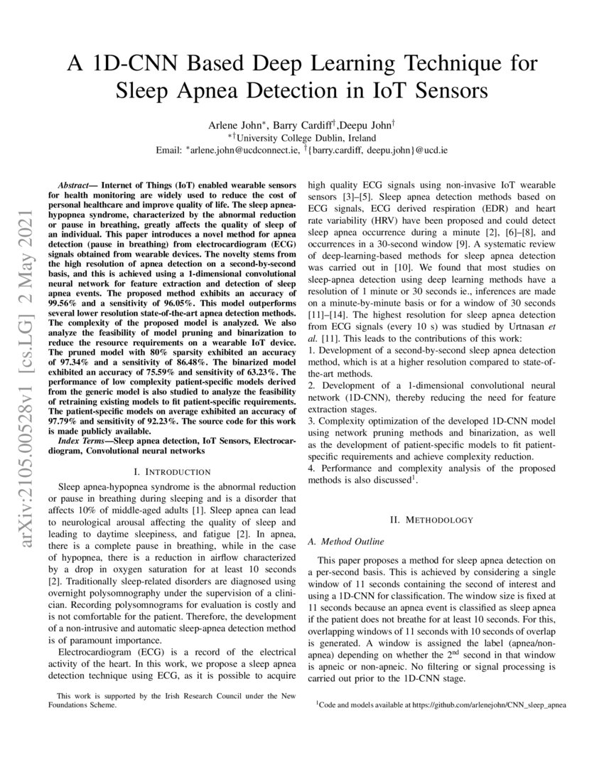 A 1d Cnn Based Deep Learning Technique For Sleep Apnea Detection In Iot
