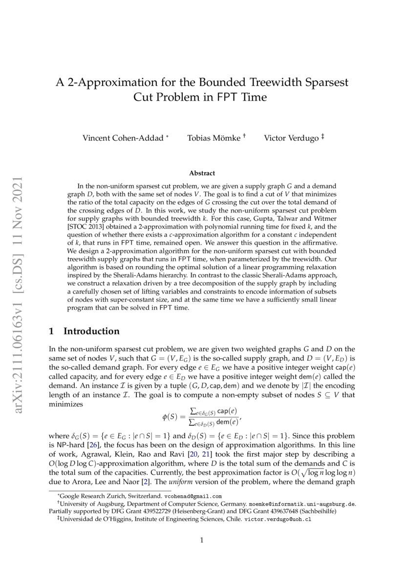 A 2-Approximation for the Bounded Treewidth Sparsest Cut Problem in FPT Time | DeepAI