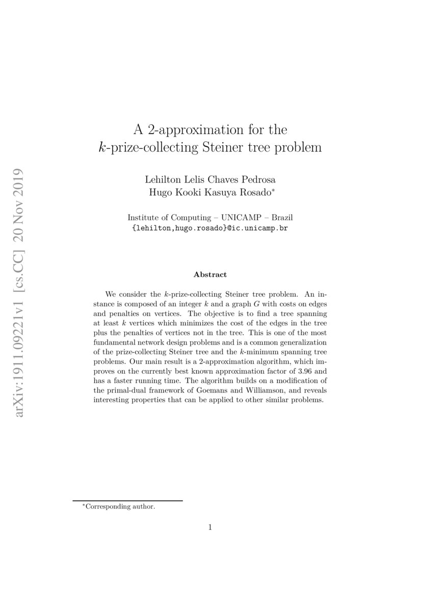 A 2 Approximation For The K Prize Collecting Steiner Tree Problem Deepai