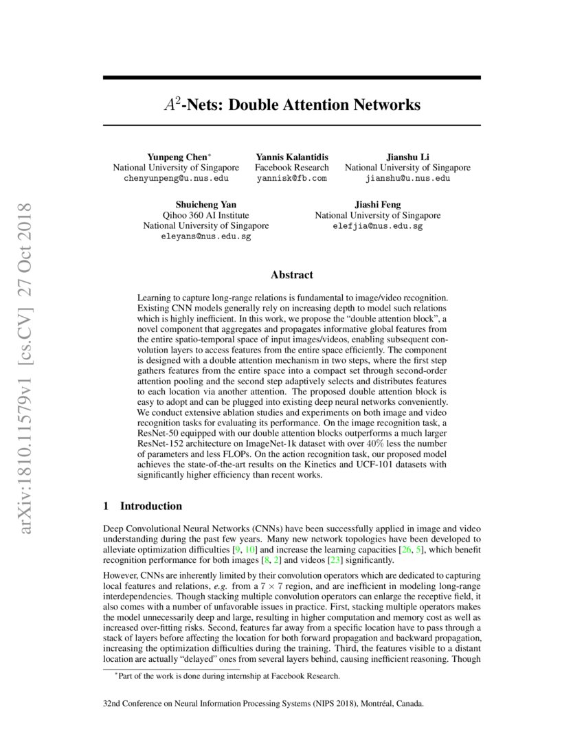 A^2-Nets: Double Attention Networks | DeepAI