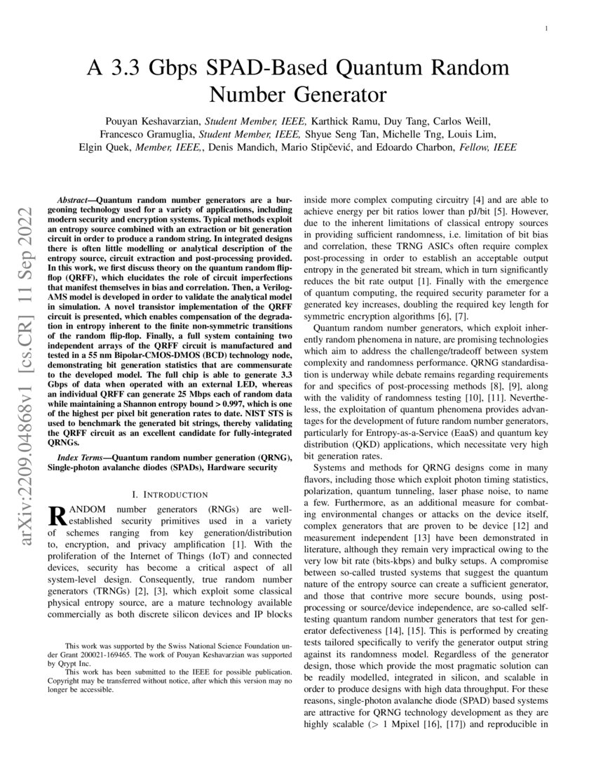 A 3.3 Gbps SPAD-Based Quantum Random Number Generator | DeepAI