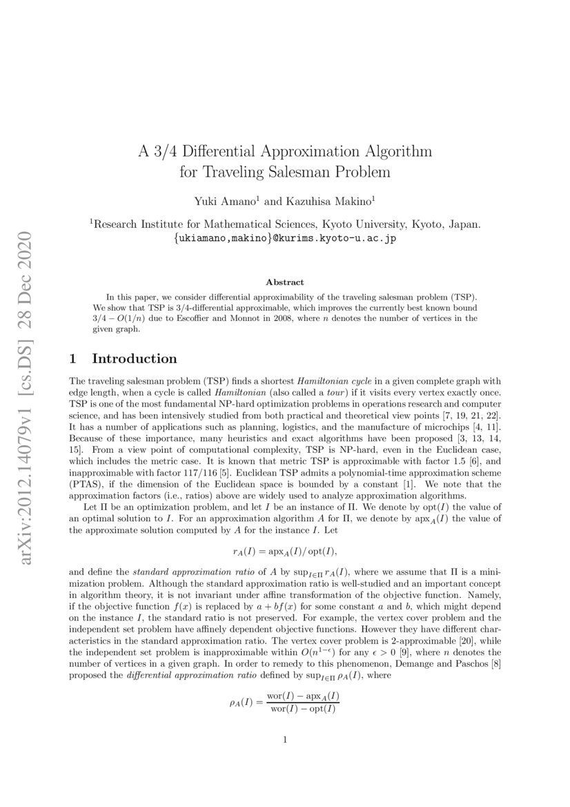 A 3/4 Differential Approximation Algorithm for Traveling Salesman Problem | DeepAI