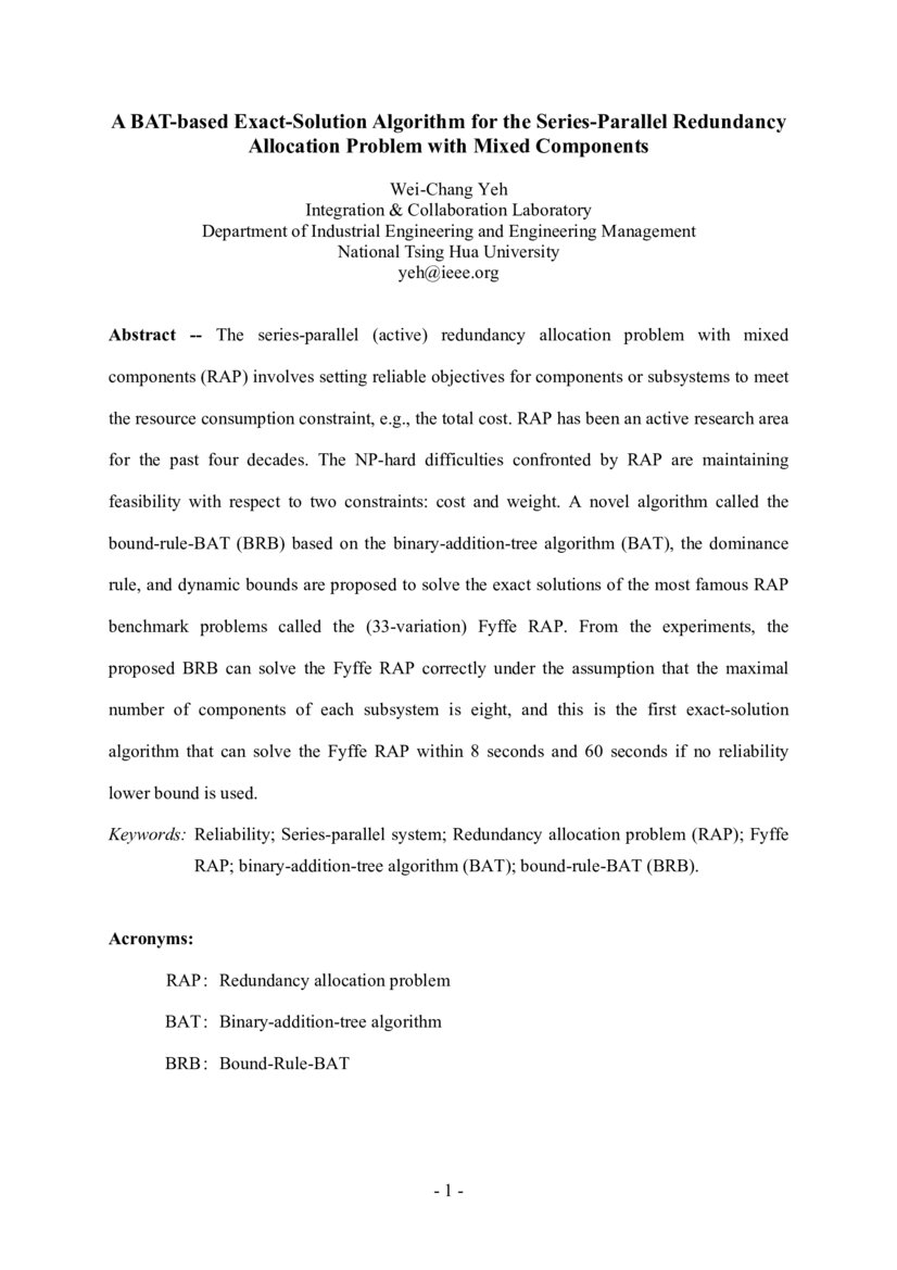A Bat Based Exact Solution Algorithm For The Series Parallel Redundancy Allocation Problem With 