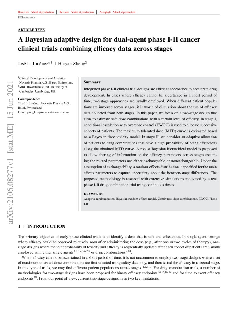 A Bayesian Adaptive Design For Dual Agent Phase I Ii Cancer Clinical Trials Combining Efficacy