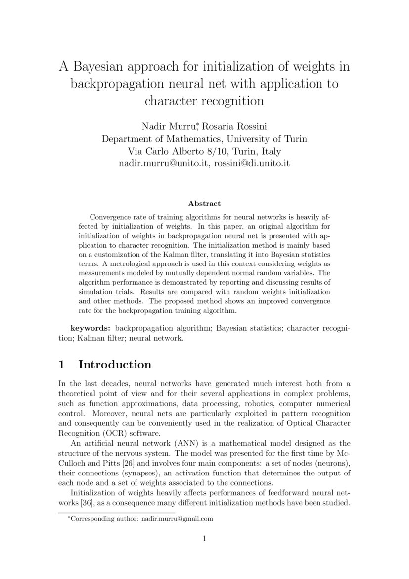 A Bayesian Approach For Initialization Of Weights In Backpropagation Neural Net With Application