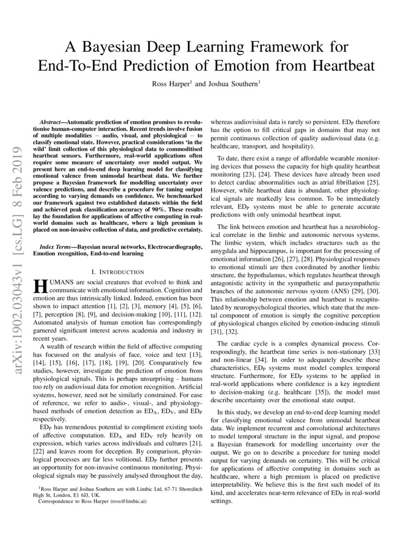 A Bayesian Deep Learning Framework for End-To-End Prediction of Emotion from Heartbeat | DeepAI