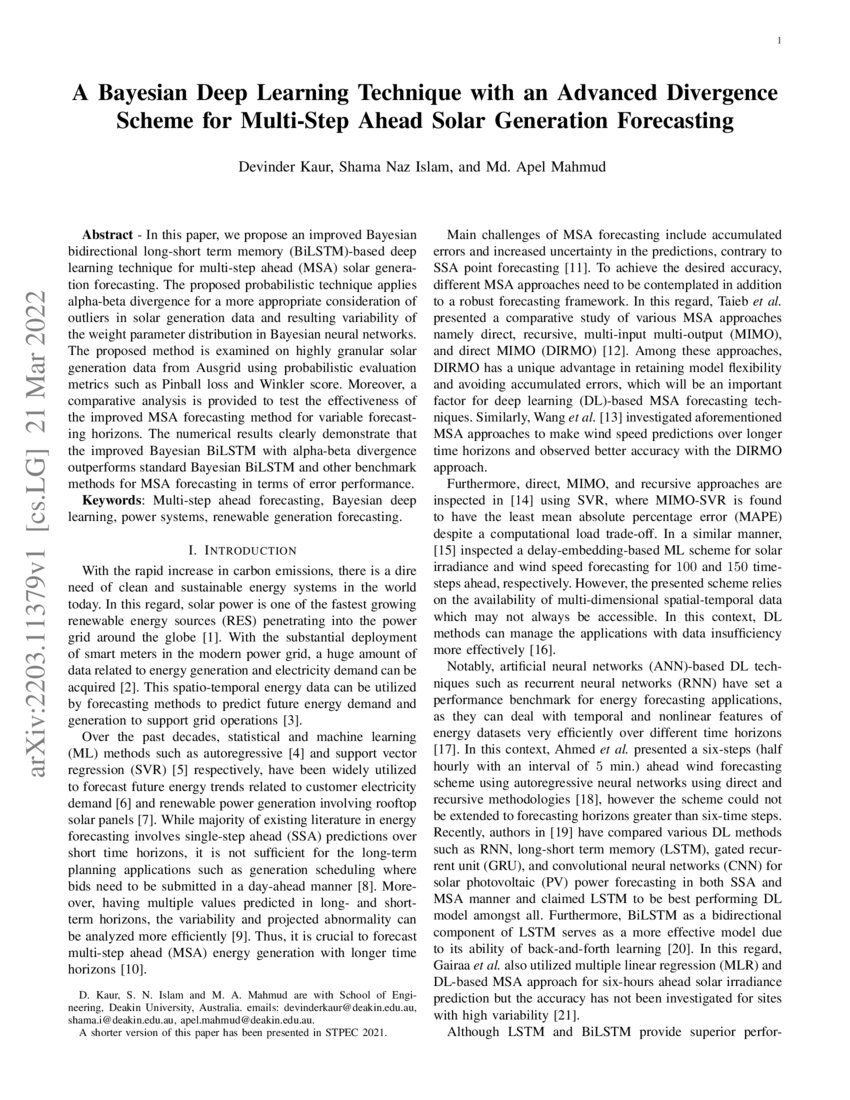 A Bayesian Deep Learning Technique For Multi Step Ahead Solar Generation Forecasting Deepai