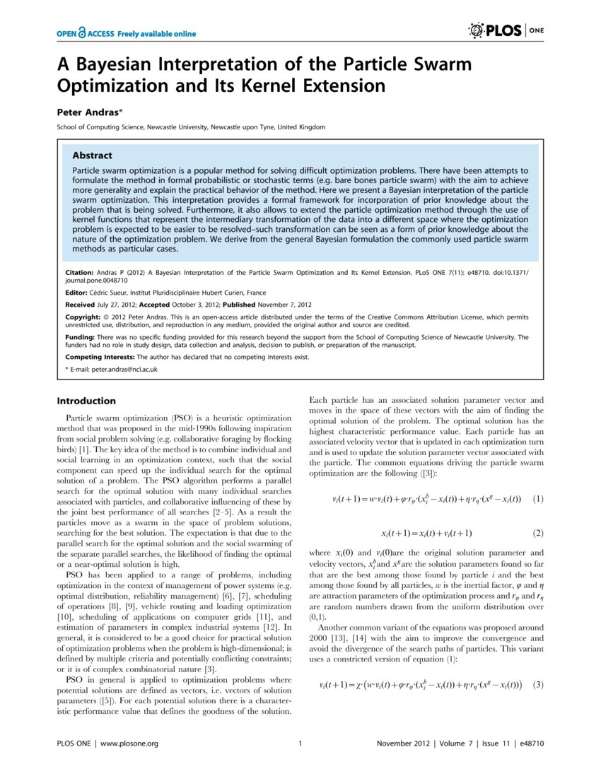 A Bayesian Interpretation of the Particle Swarm Optimization and Its Kernel Extension | DeepAI