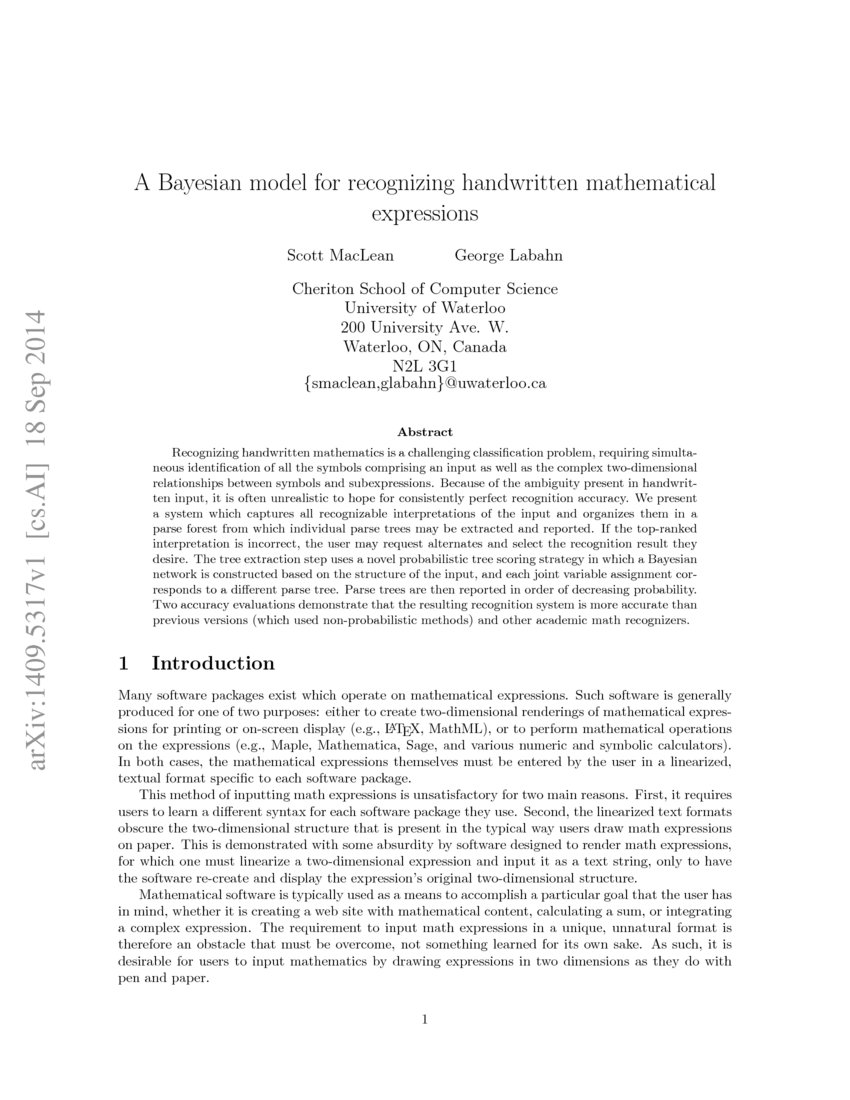 A Bayesian model for recognizing handwritten mathematical expressions | DeepAI