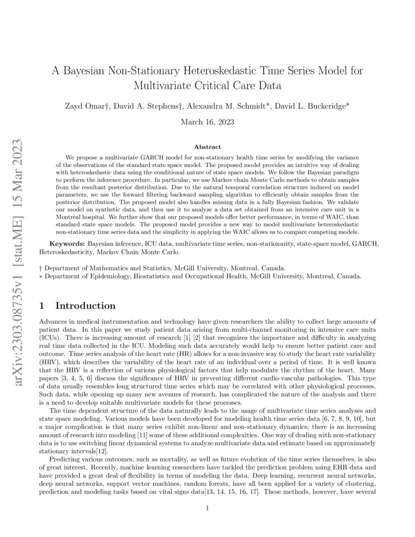 A Bayesian Non Stationary Heteroskedastic Time Series Model For Multivariate Critical Care Data
