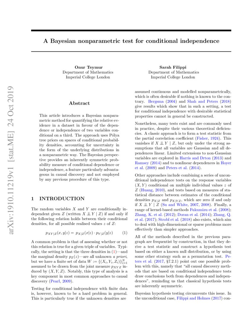 A Bayesian Nonparametric Test For Conditional Independence Deepai
