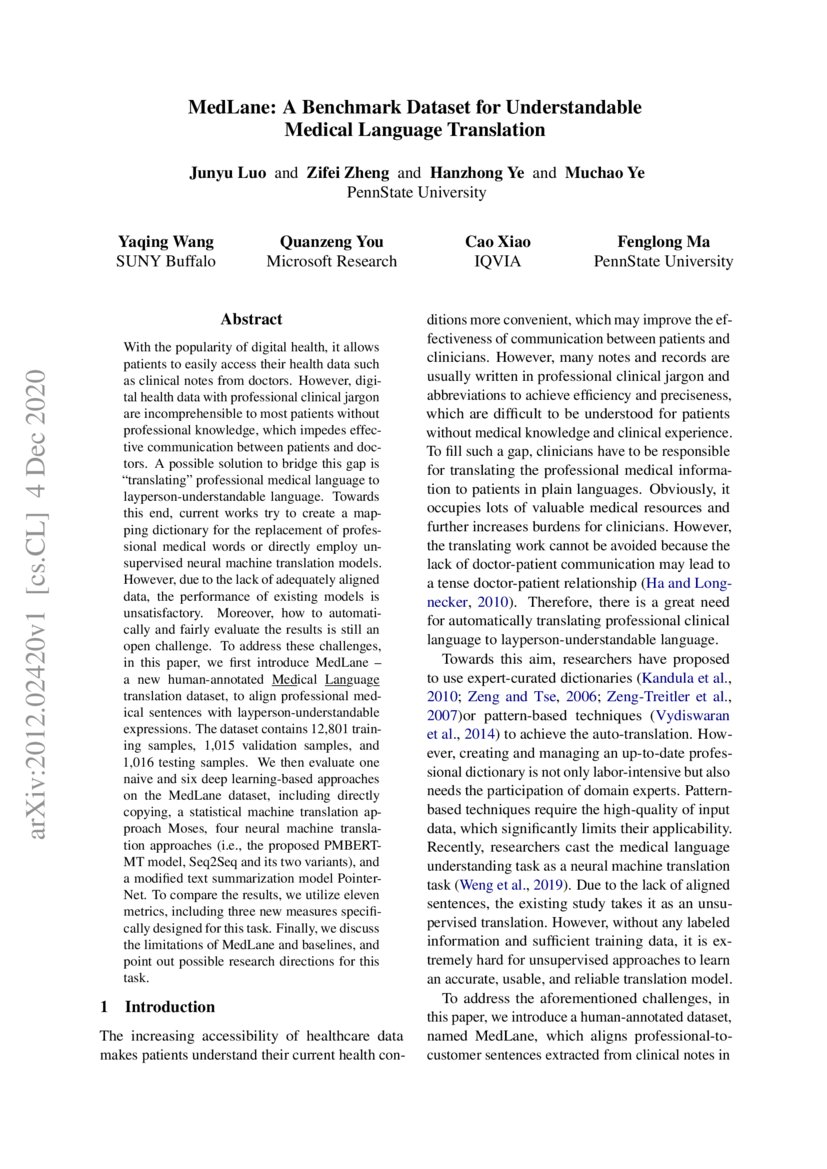 A Benchmark Dataset for Understandable Medical Language Translation ...
